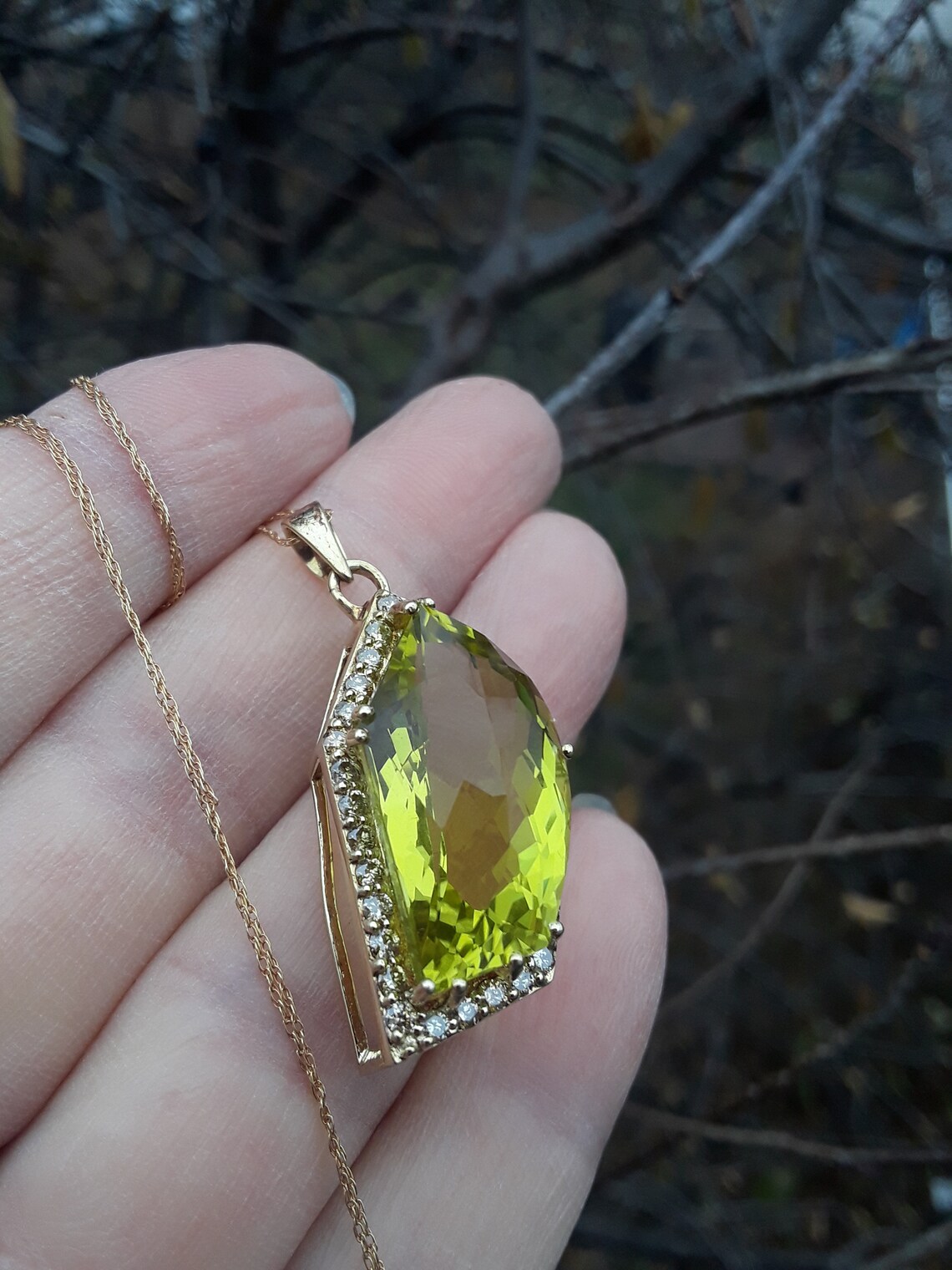 14k Gold Diamond Lemon Quartz Pendant With Chain Necklace Fabulous - Etsy