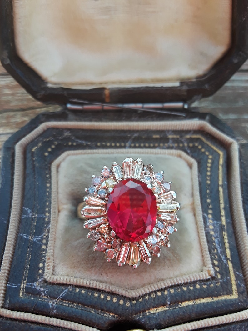 14k Gold Baguette Round Diamond Synthetic Ruby Ballerina Stud | Etsy