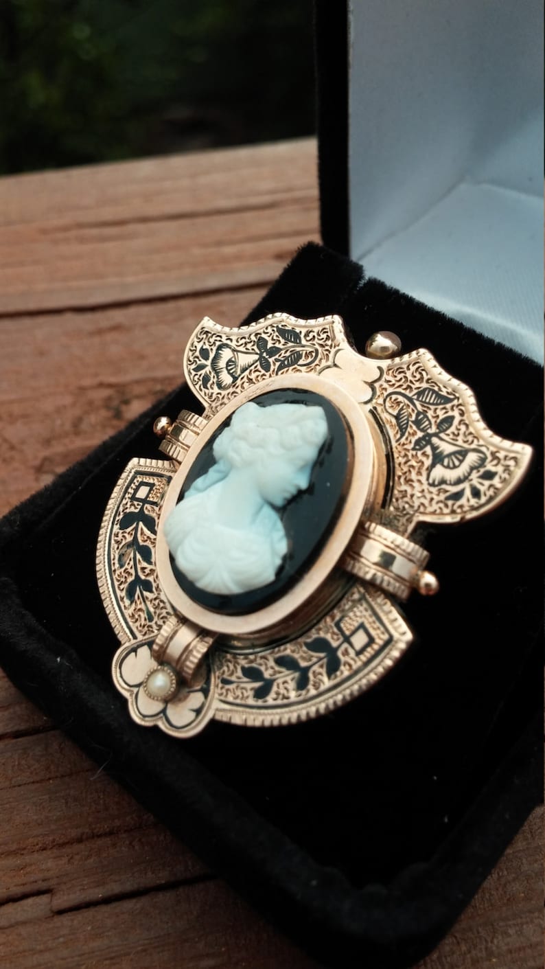 Victorian 14k Gold Hard Stone Cameo Black Enamel Seed Pearl | Etsy