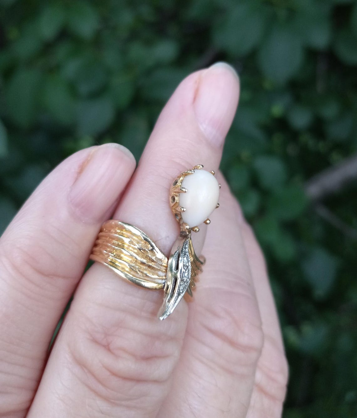 14k Gold Diamond Angel Skin Coral Pear Shaped Ring Statement Wedding ...
