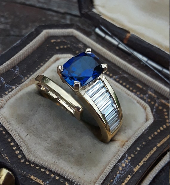 14k Gold 4.30ct Baguette Diamond Blue Sapphire Weddin… - Gem