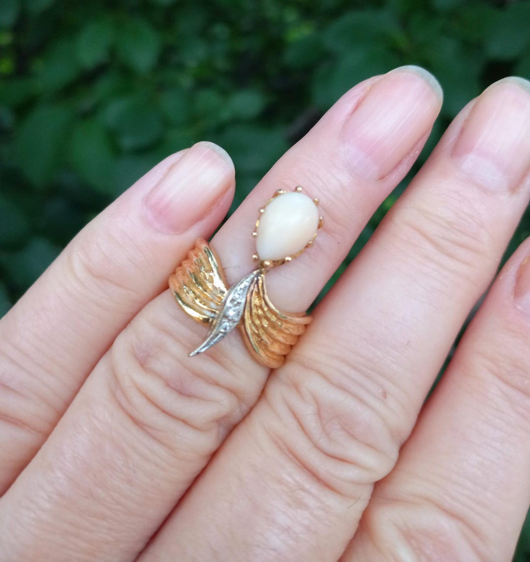 14k Gold Diamond Angel Skin Coral Pear Shaped Ring Statement Wedding ...