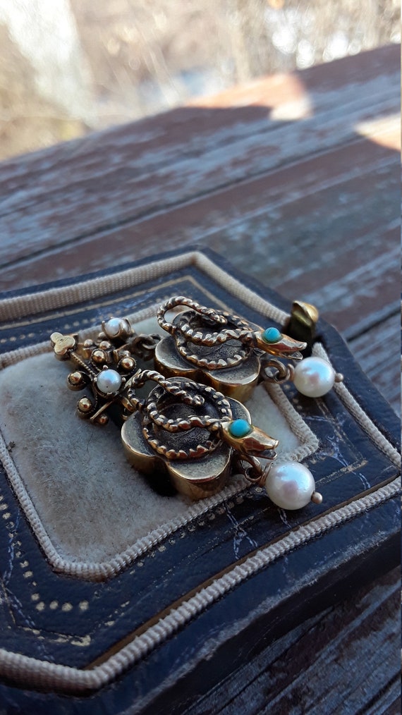 Victorian 14k Gold Turquoise Pearl Snake Dangle Earri… - Gem