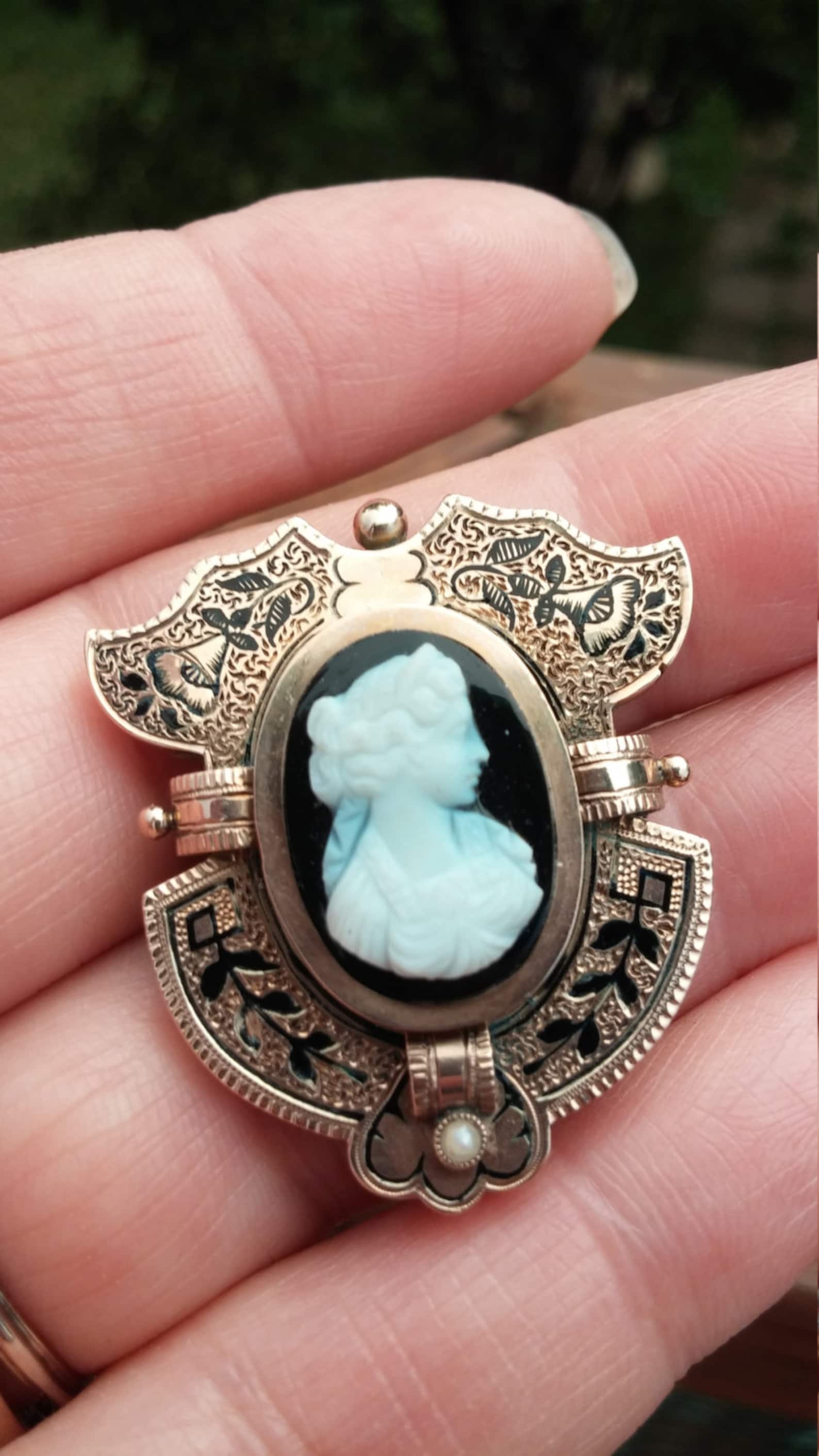Victorian 14k Gold Hard Stone Cameo Black Enamel Seed Pearl | Etsy