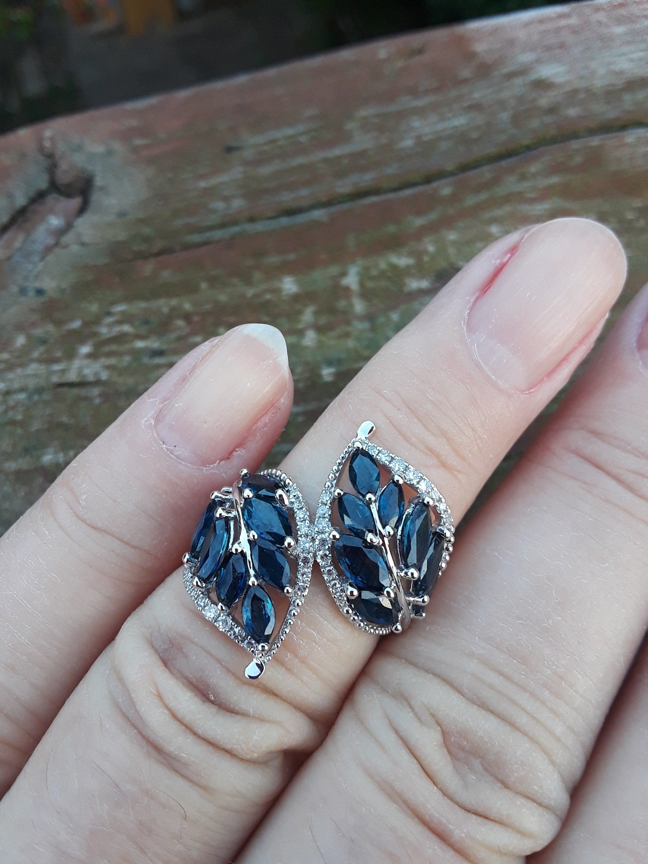 14k Gold Diamond Blue Sapphire Leaves Design Ring Wedding | Etsy