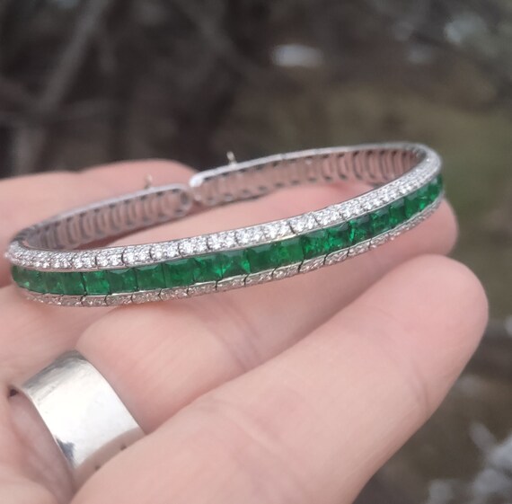 18K Gold Diamond Colombian Emerald Bangle Bracelet Fa… - Gem