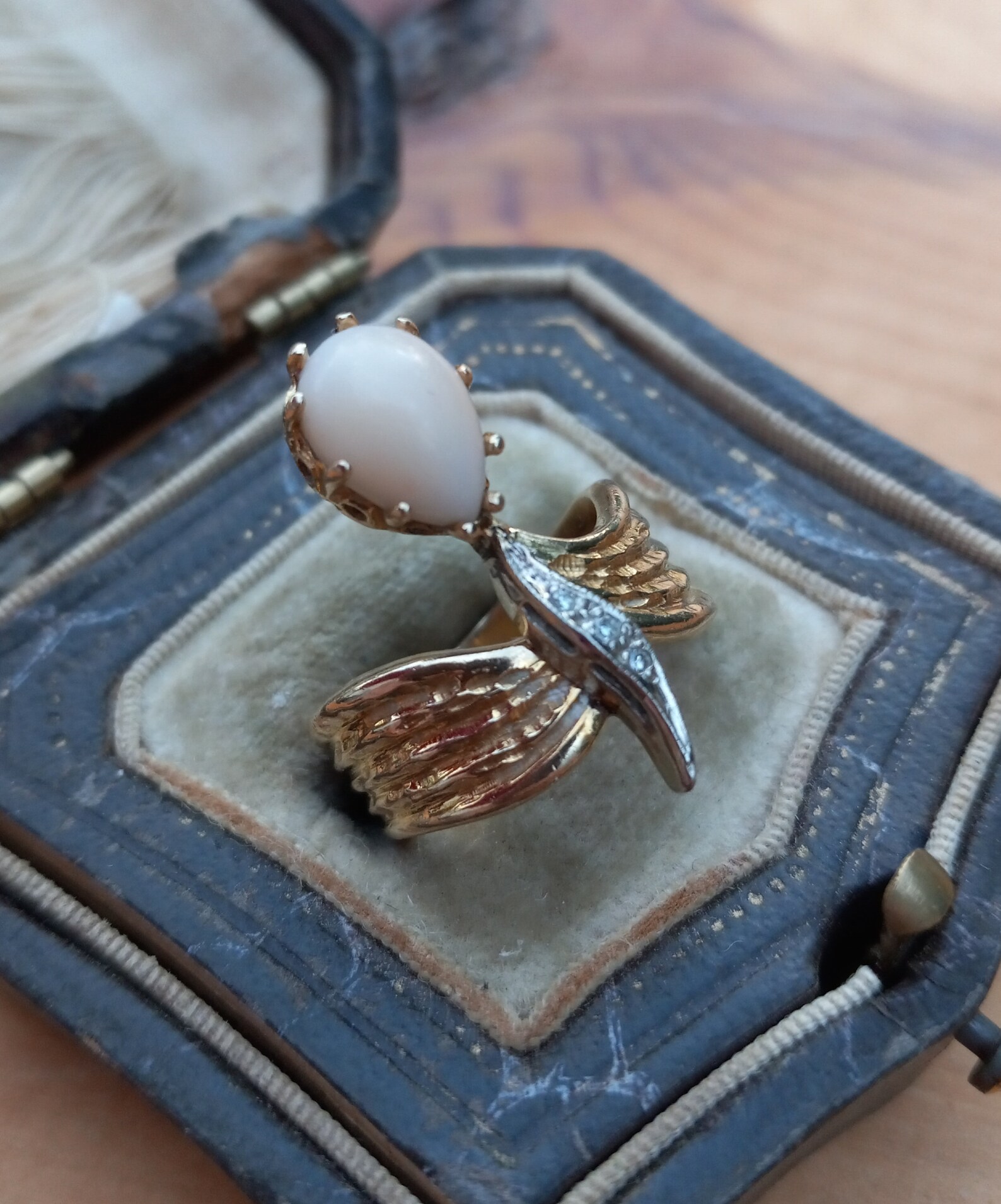 14k Gold Diamond Angel Skin Coral Pear Shaped Ring Statement Wedding ...