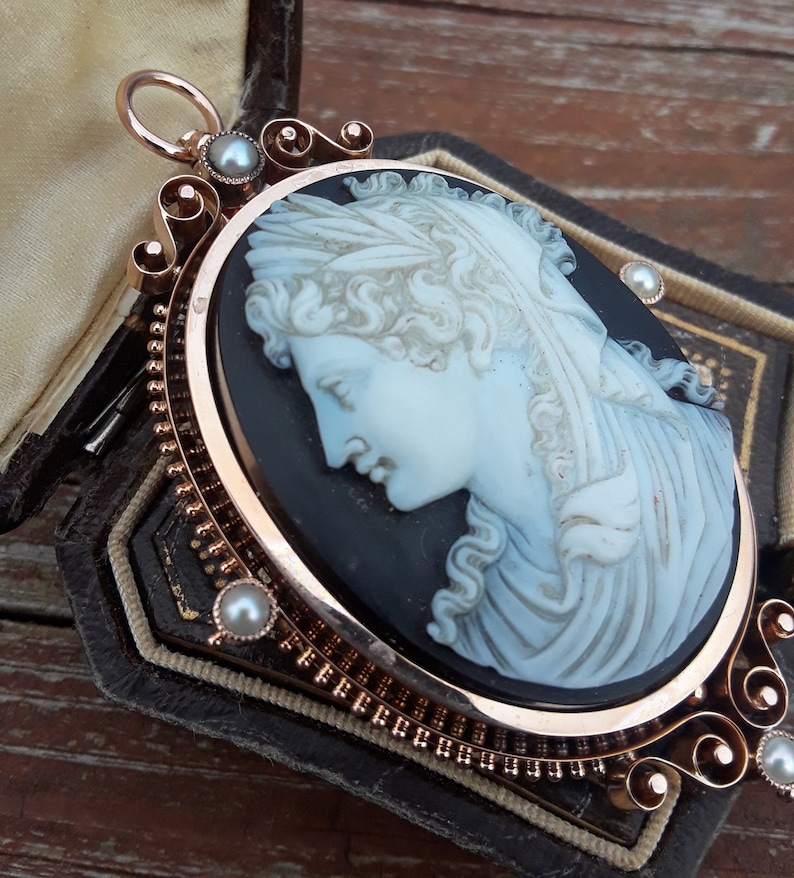 Victorian 14k Gold Agate Hard Stone Cameo Pendant Brooch 33.5 Grams 2.5 ...