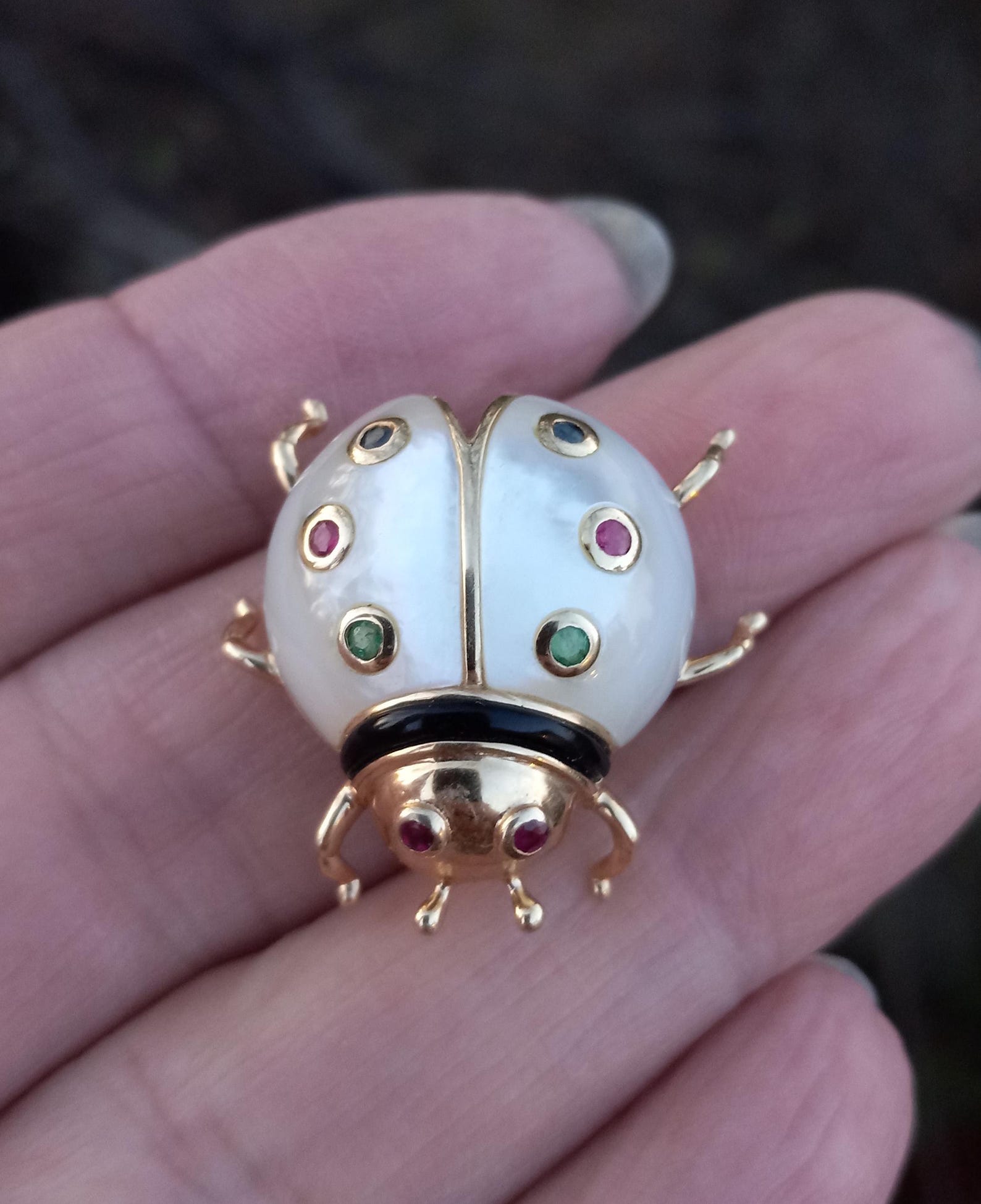 14k Gold Emerald Ruby Sapphire Mother of Pearl Bug Brooch Pin Fabulous ...