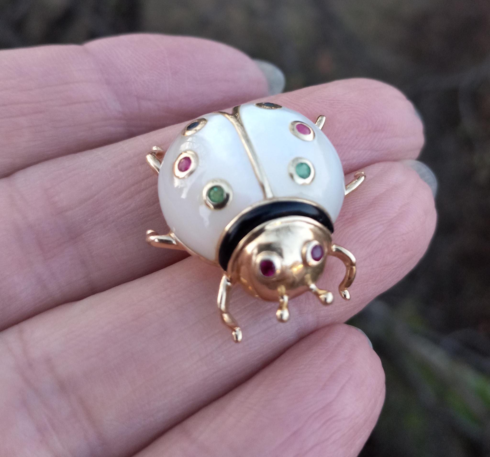 14k Gold Emerald Ruby Sapphire Mother of Pearl Bug Brooch Pin Fabulous ...