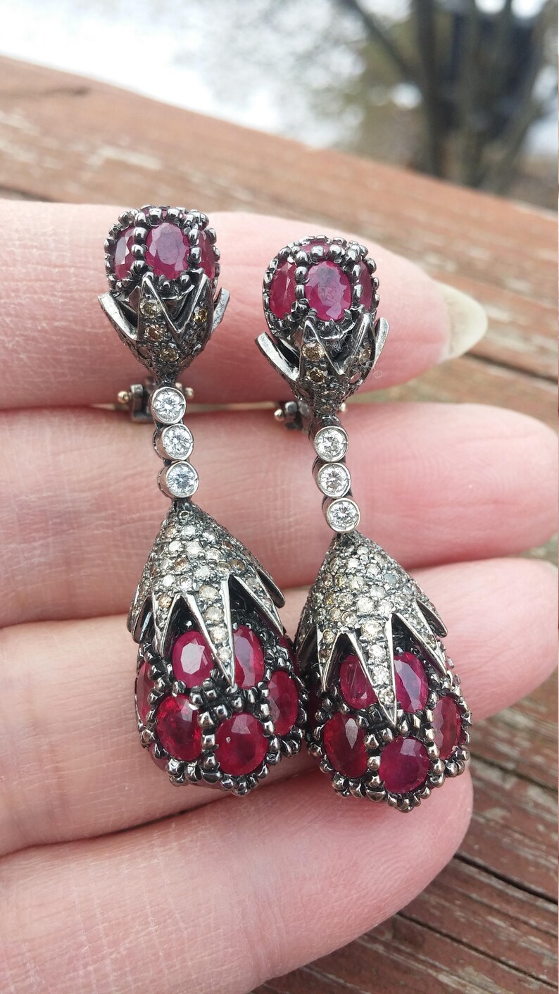 18k Gold Diamond Pigeon Blood Ruby Earrings Designer High End | Etsy