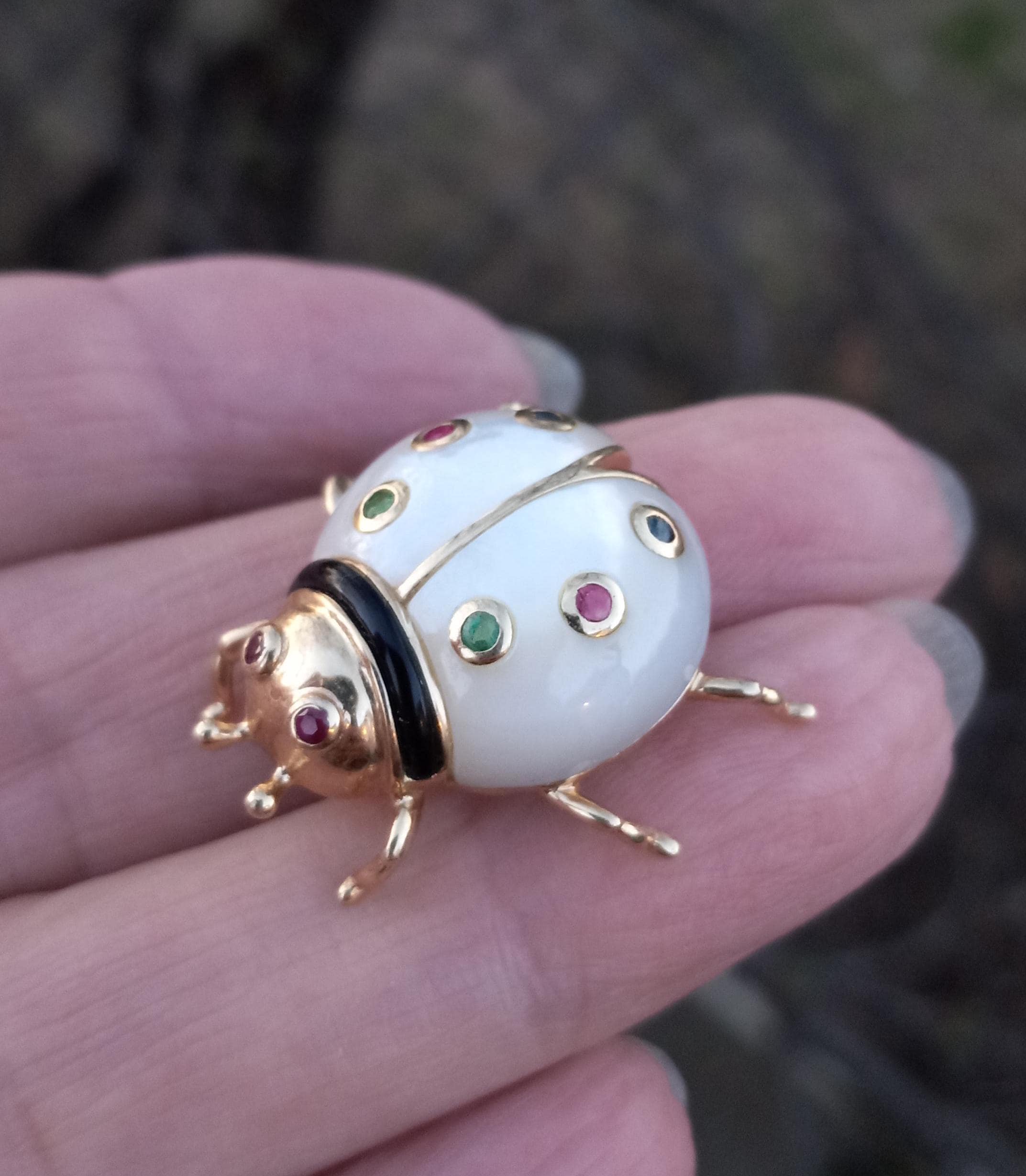 14k Gold Emerald Ruby Sapphire Mother of Pearl Bug Brooch Pin Fabulous ...