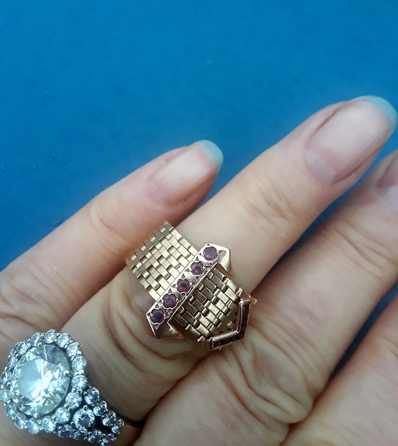 14k Gold Rubies Buckle Retro Mesh Ring Wedding Engage… - Gem