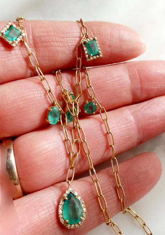 14k Yellow Gold Colombian Emerald Diamond Chain Neckl… - Gem