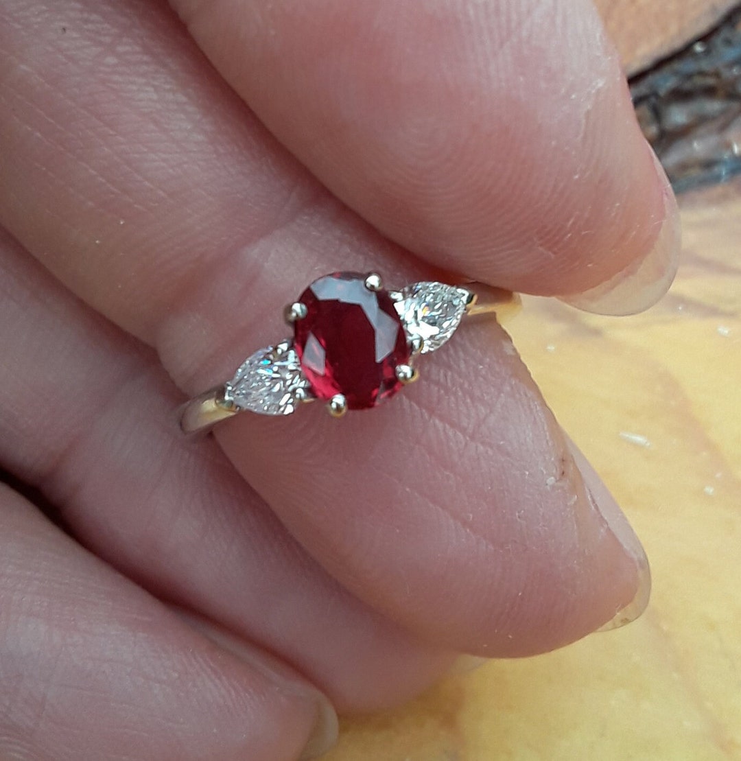14k Gold Oval Natural Ruby Pear Shaped Side Diamonds Wedding Engagement ...