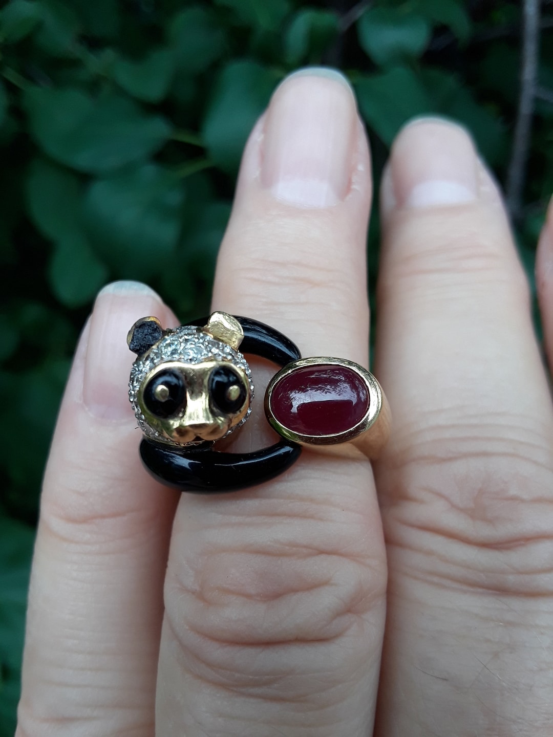 18k Gold Diamond Ruby Black Enamel Panda Ring 12.6 Grams - Etsy
