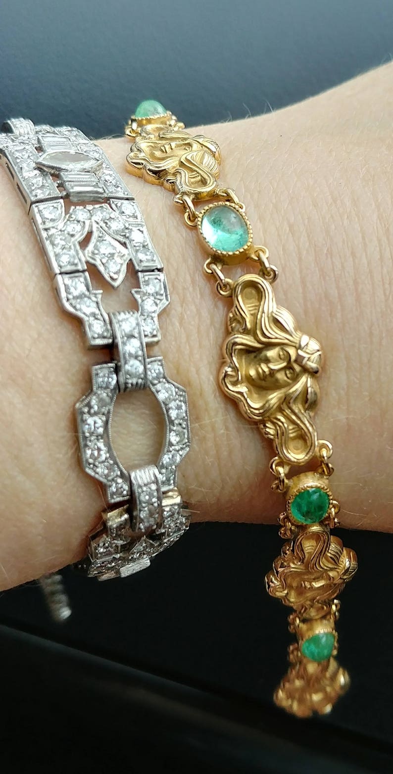 Art Nouveau 14k Gold Emerald Mermaid Heads Bracelet Unique Exeptional ...
