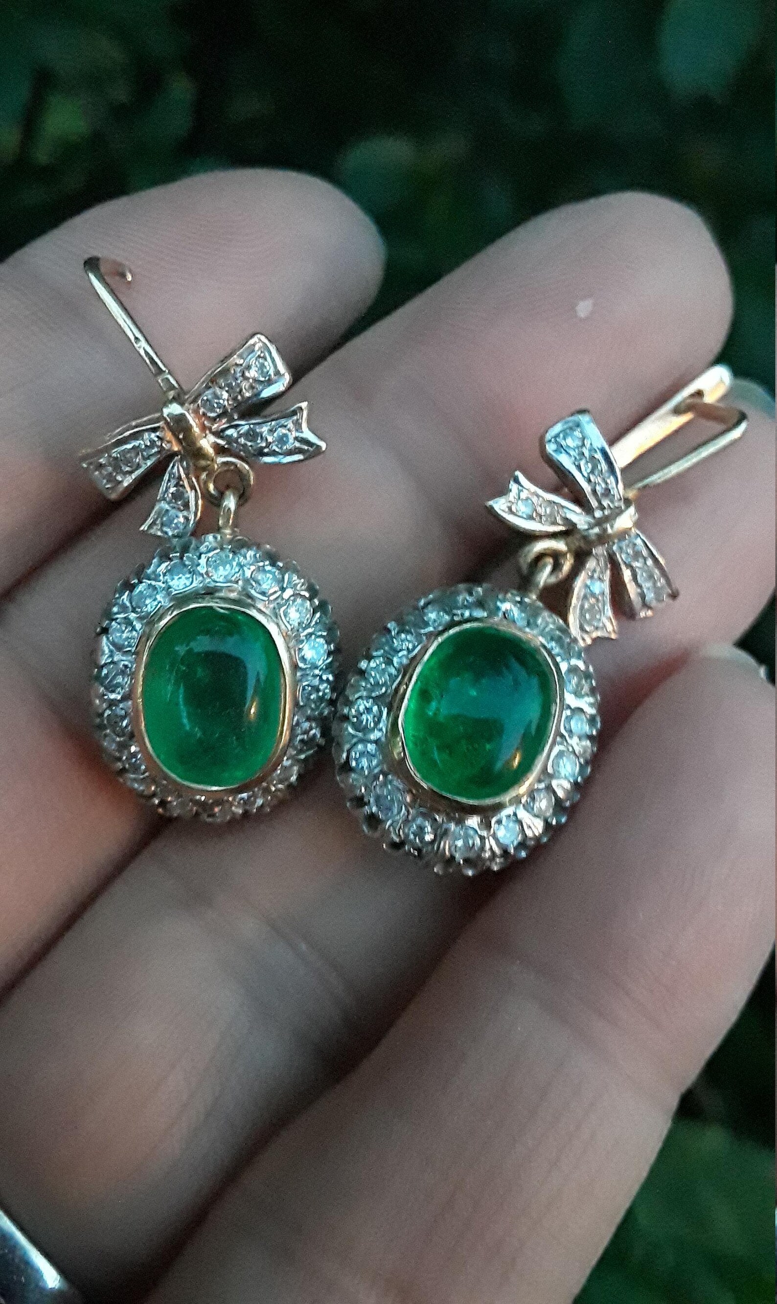 14k Gold Diamond Emerald Cabochon Bow Earrings Fabulous Exclusive One ...