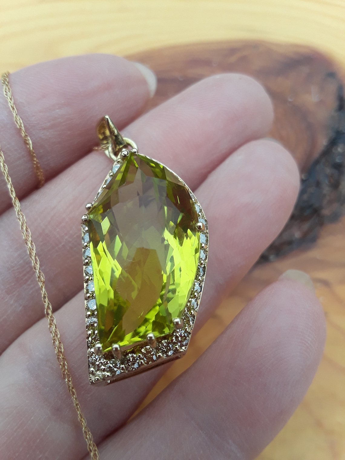 14k Gold Diamond Lemon Quartz Pendant With Chain Necklace Fabulous - Etsy
