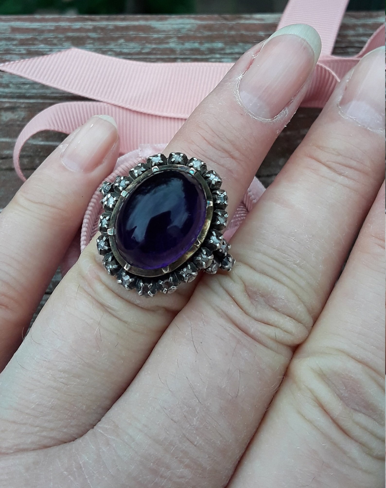 Georgian Gold Silver Rose Cut Diamond Huge Cabochon Natural Amethyst ...