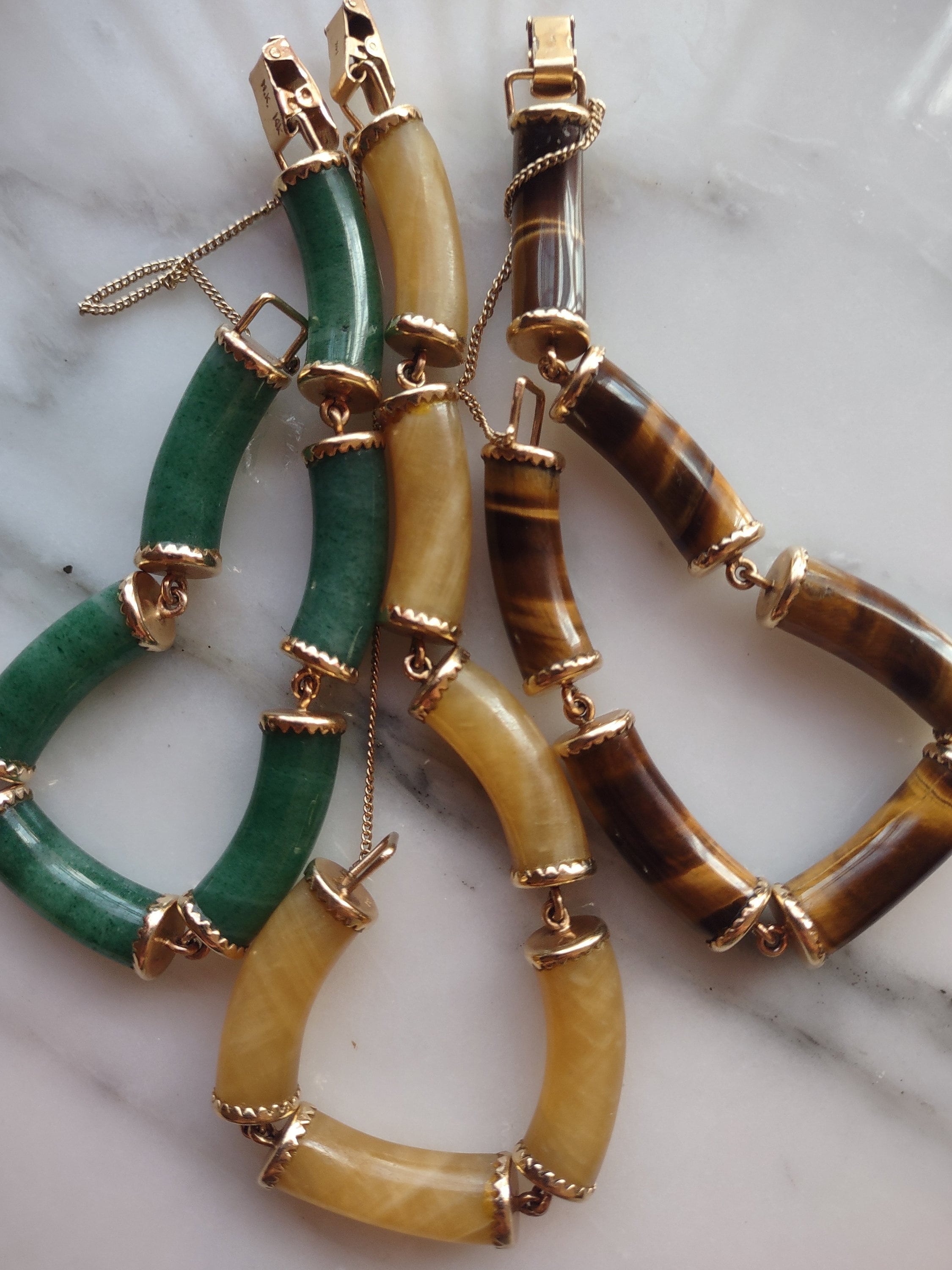 14k Gold Green Jade Yellow Jade Tiger Eye Link Bracelets Fabulous Price ...