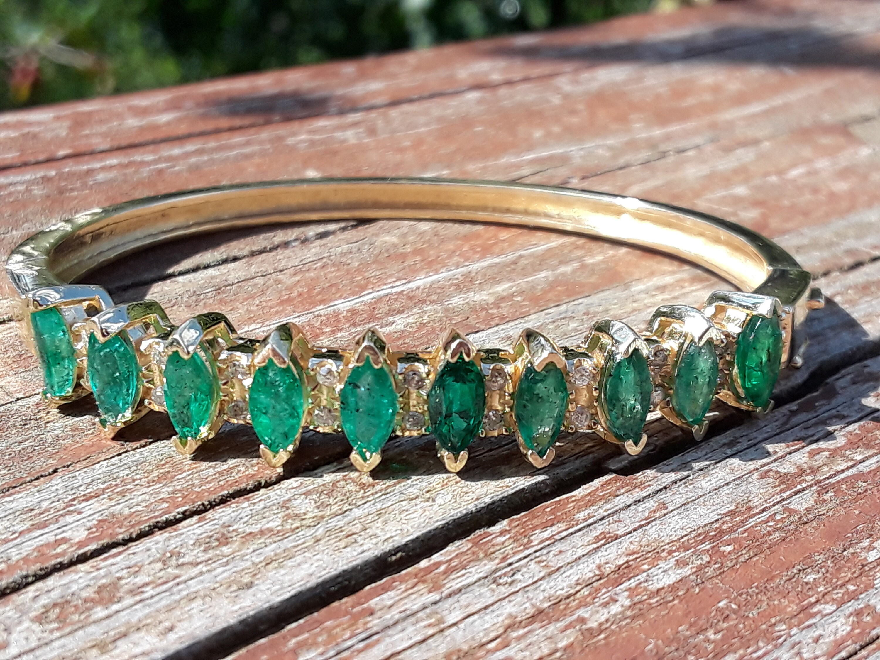 14k Gold Diamond Colombian Emerald Bangle Bracelet One Of A - Etsy España