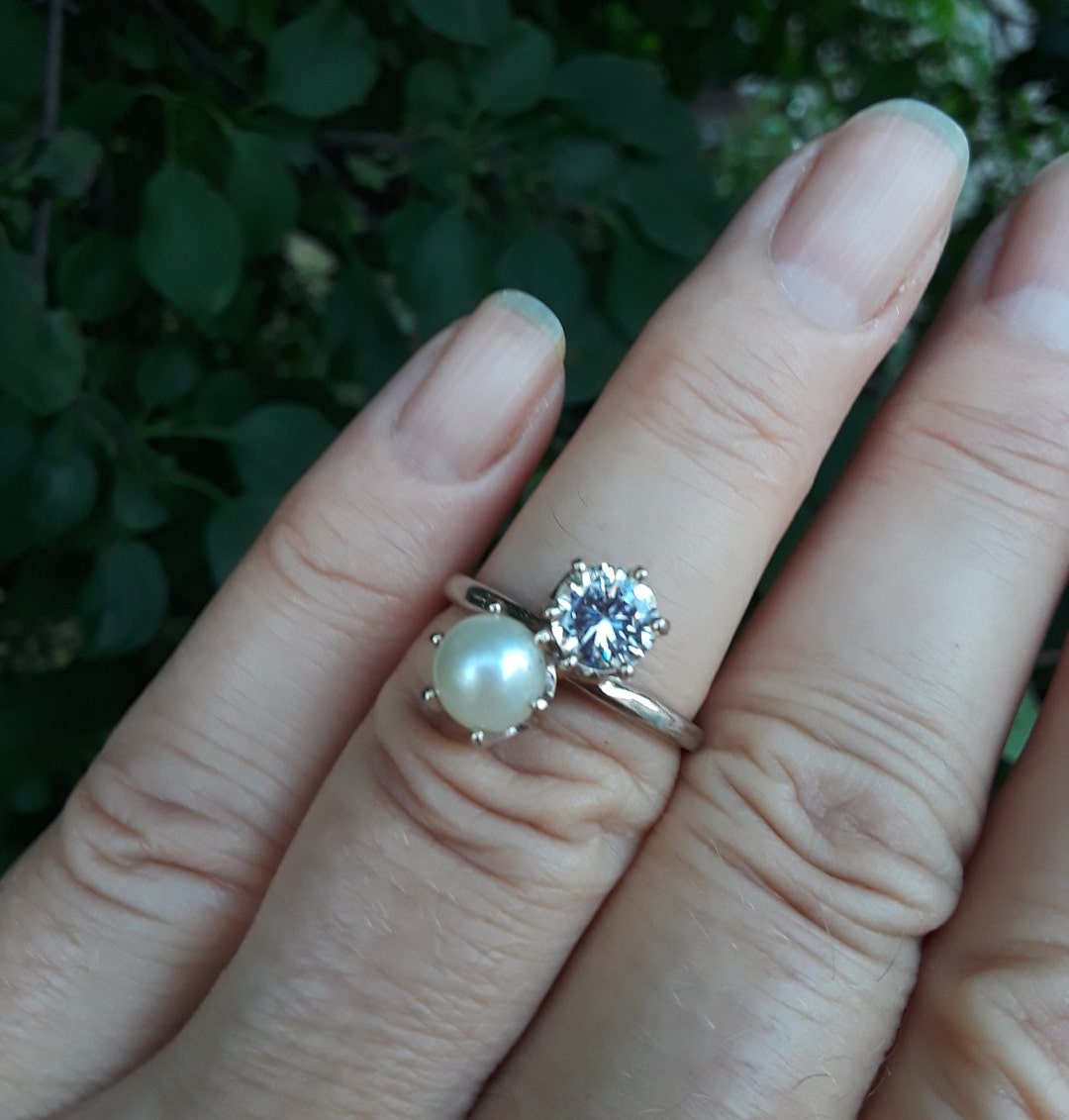 14k Gold Pearl White Stone Wedding Engagement Cocktail Ring - Etsy
