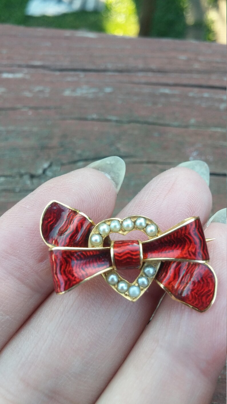 Victorian 14k Gold Seed Pearl Red Enamel Bow Brooch Pin | Etsy