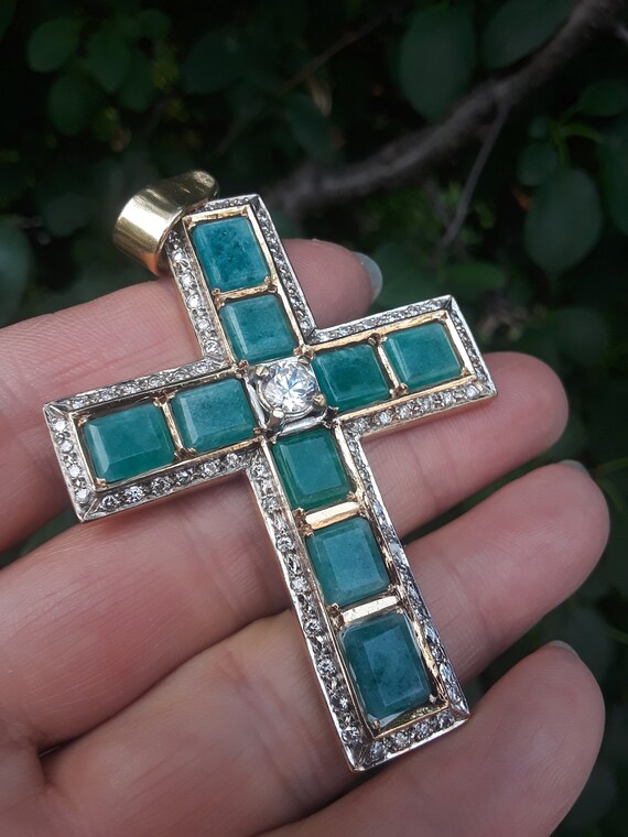 14k Gold Diamond Colombian Emerald Cross Pendant Fabu… - Gem