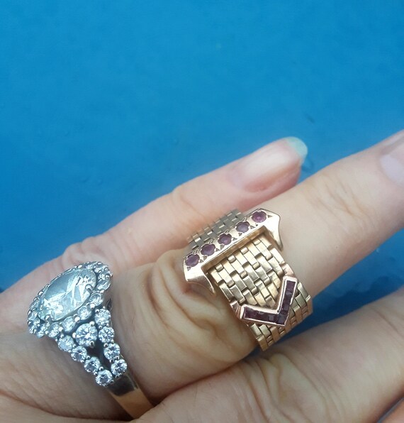 14k Gold Rubies Buckle Retro Mesh Ring Wedding Engage… - Gem
