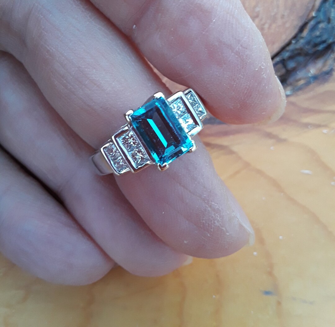 18k Gold Aquamarine Princess Cut Diamond Wedding Engagement Cocktail ...