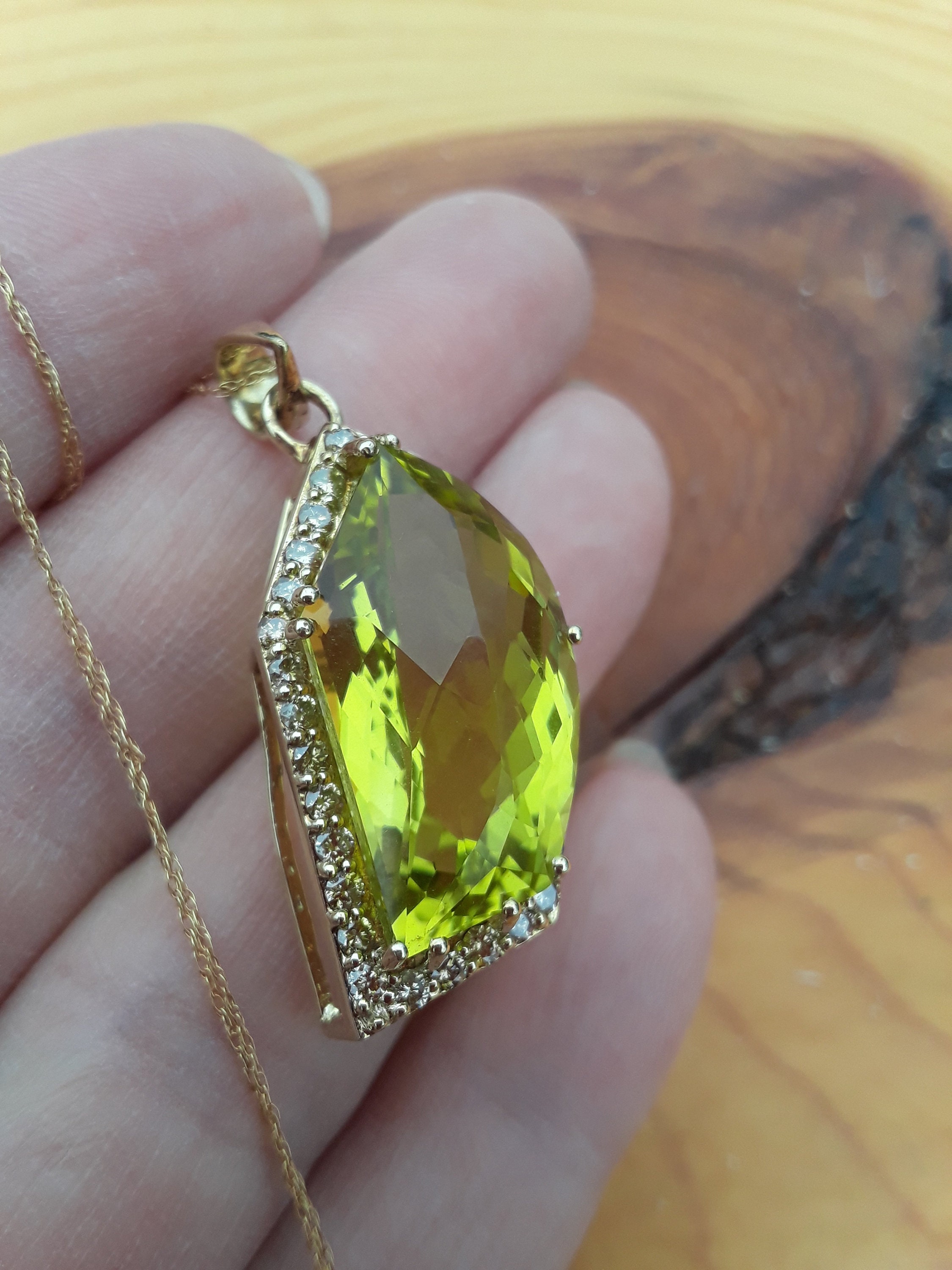 14k Gold Diamond Lemon Quartz Pendant With Chain Necklace Fabulous - Etsy