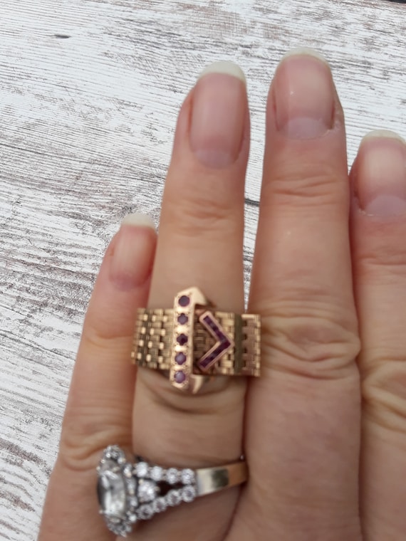 14k Gold Rubies Buckle Retro Mesh Ring Wedding Engage… - Gem