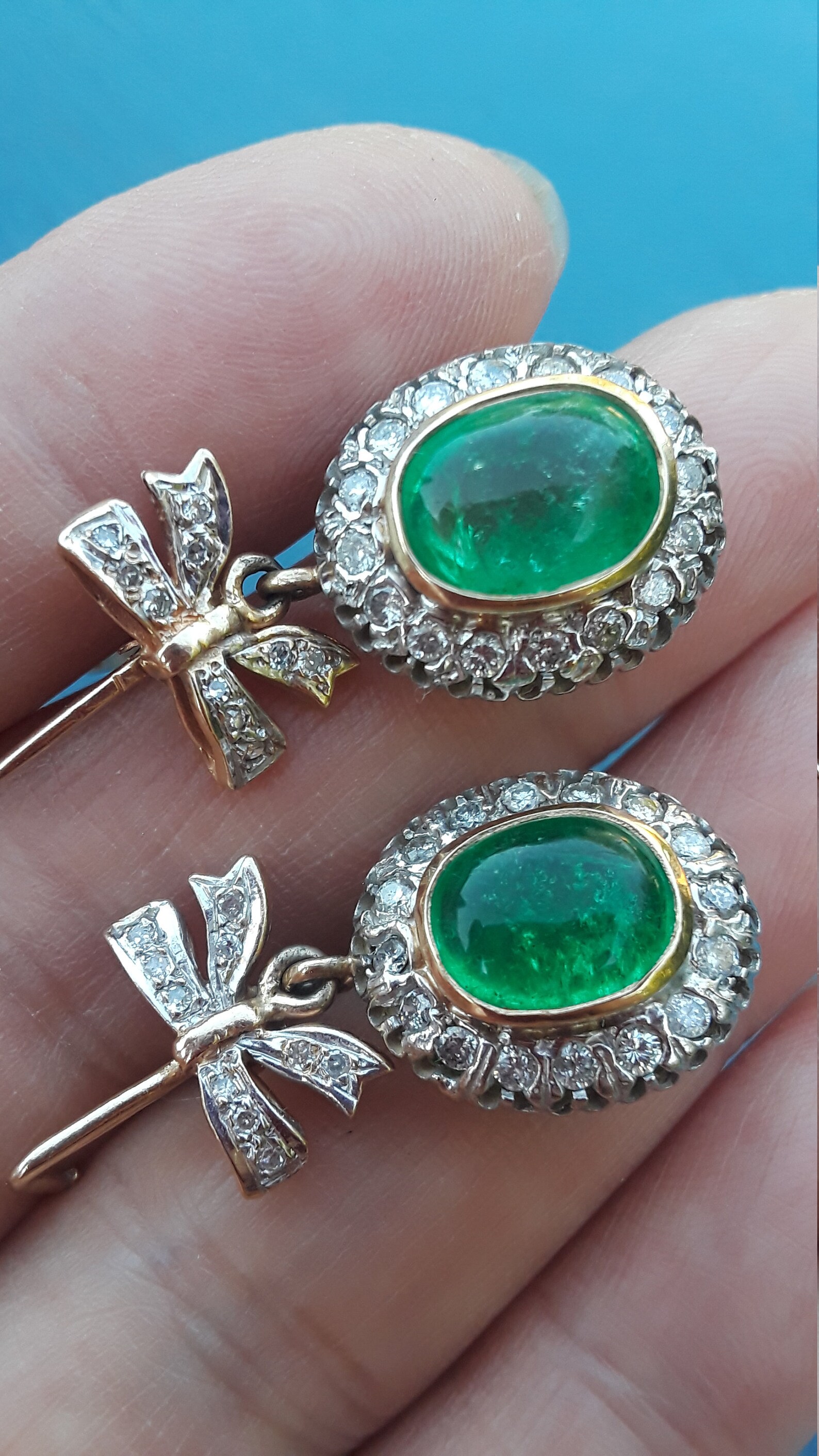14k Gold Diamond Emerald Cabochon Bow Earrings Fabulous Exclusive One ...