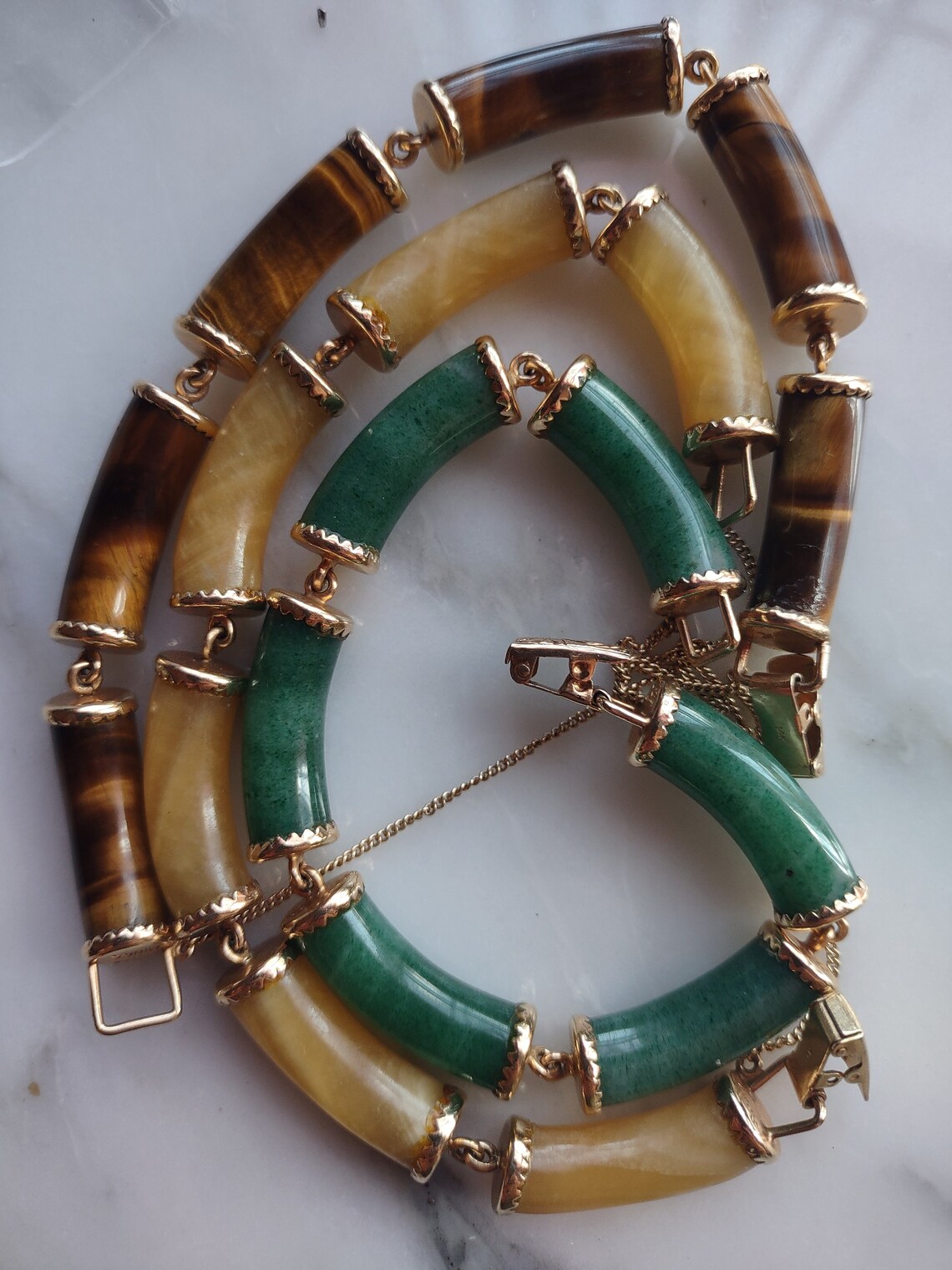 14k Gold Green Jade Yellow Jade Tiger Eye Link Bracelets Fabulous Price ...