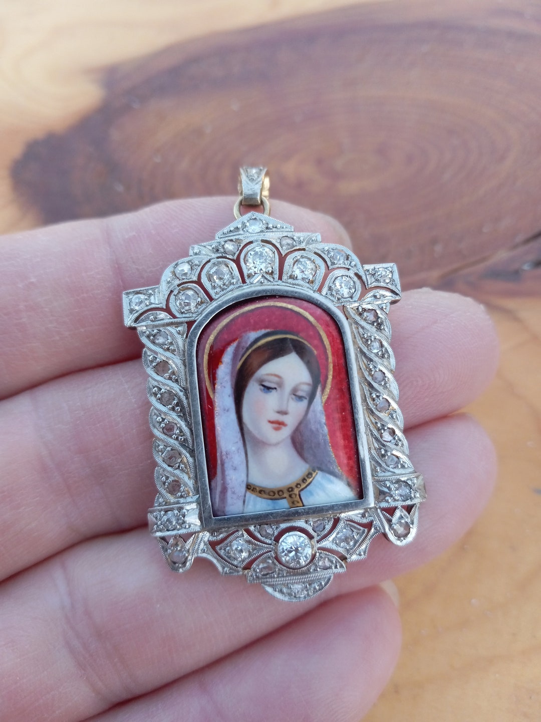14k Gold Enamel Portrait Old Mine Rose Cut Diamond Religious Pendant ...
