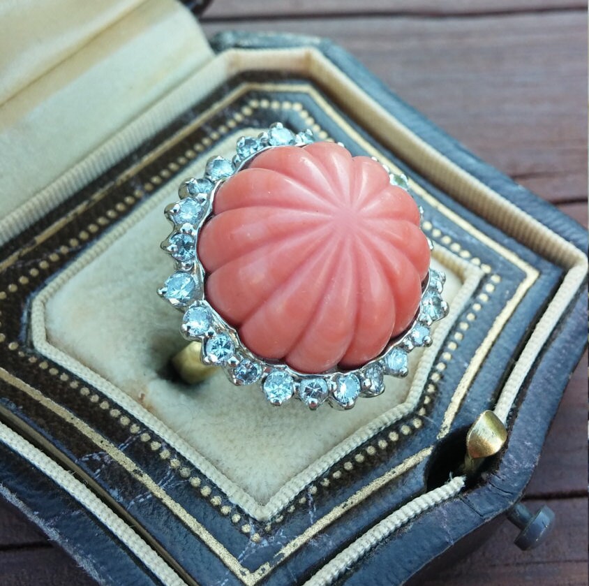 18k Gold Diamond Coral Cocktail Wedding Engagement Ring - Etsy