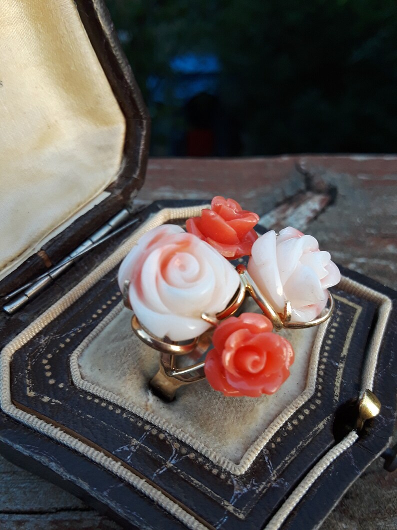 14k Gold Coral Flowers Roses Ring One of A Kind - Etsy