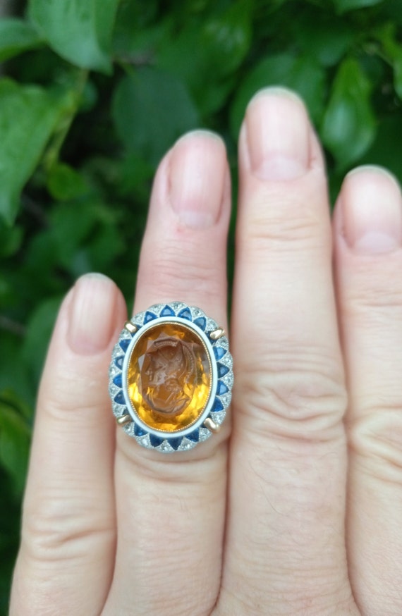 14k Gold Diamond Blue Sapphire Citrine Intaglio Ring … - Gem