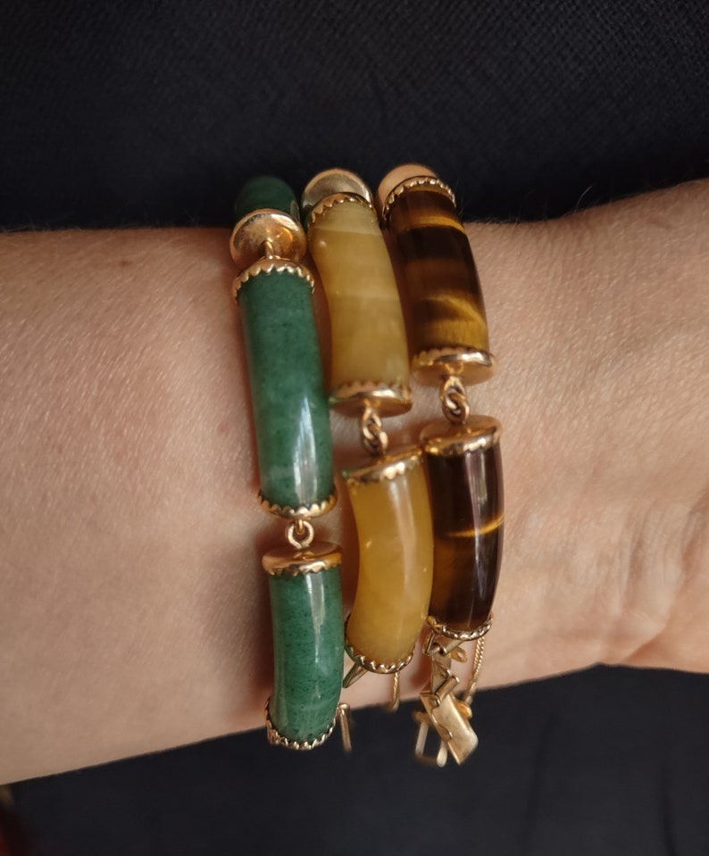 14k Gold Green Jade Yellow Jade Tiger Eye Link Bracelets Fabulous Price ...