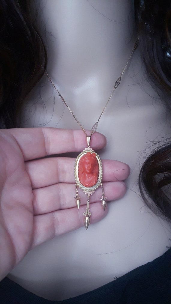 Victorian 14k Gold High Relief Red Cameo Pendant Chai… - Gem