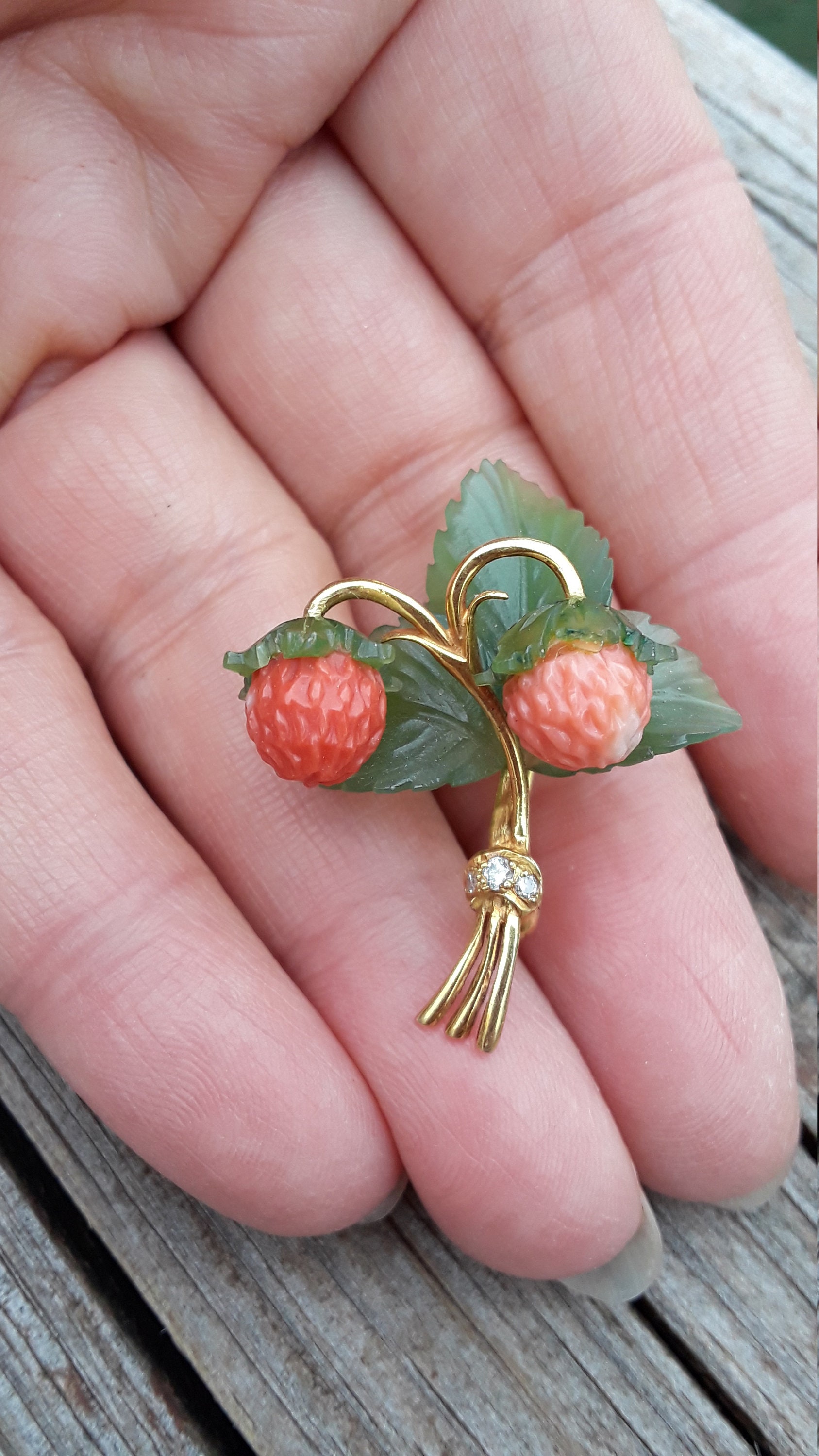 14k Gold Diamond Jade Coral Strawberry Brooch One Of A Kind Etsy