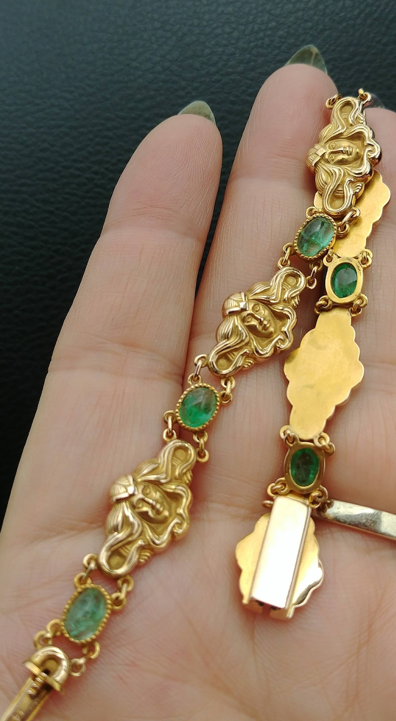 Art Nouveau 14k Gold Emerald Mermaid Heads Bracelet Unique Exeptional ...