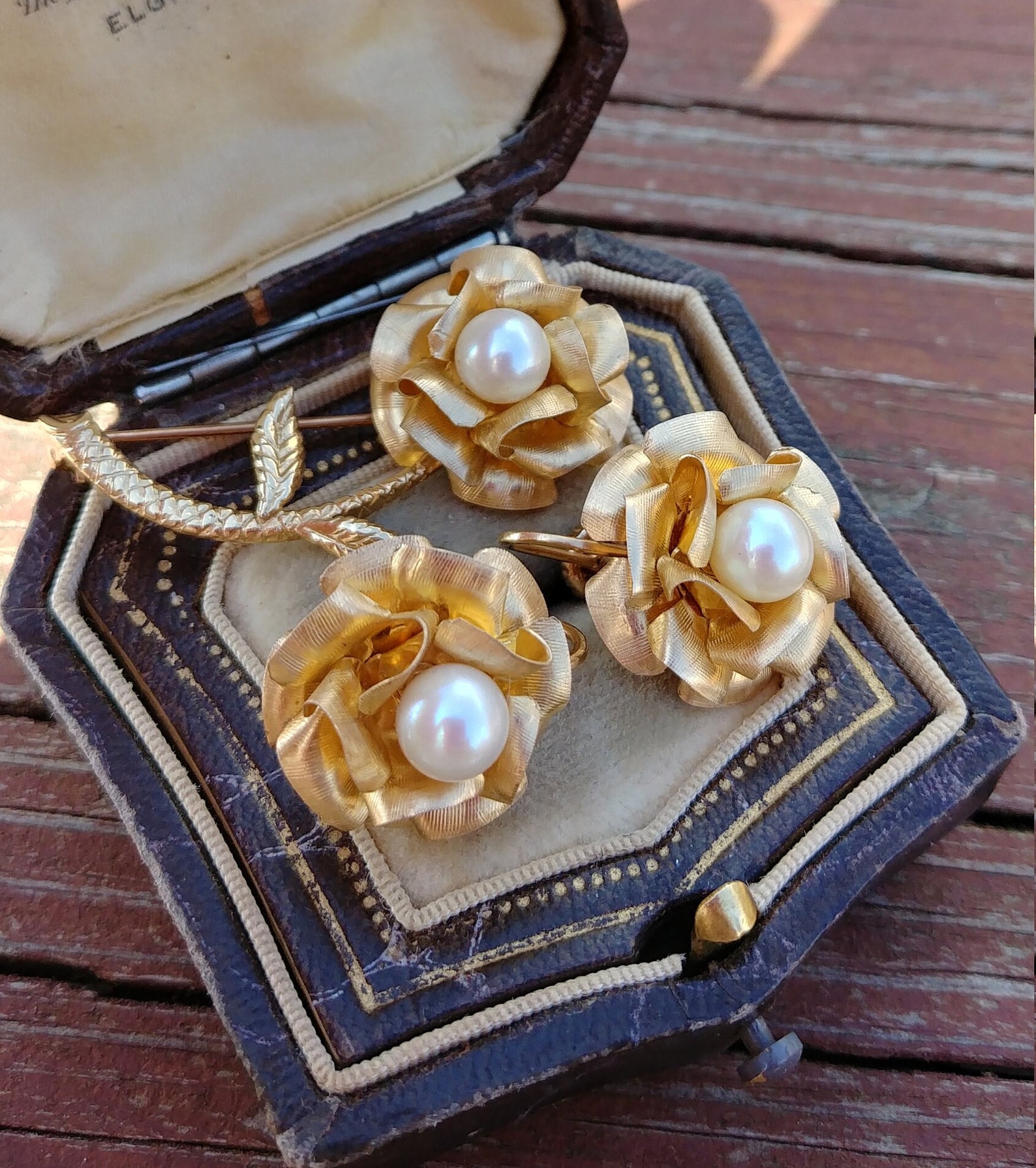14k Gold Pearl Flower Roses Aset Earrings and Brooch 11.2 Grams - Etsy