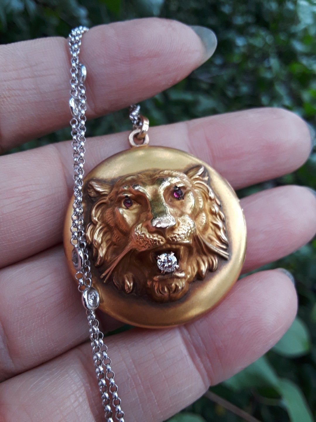 Georgian 14k Gold Diamond Ruby Eyes Lion Head Locket Pendant 11.4 Grams ...