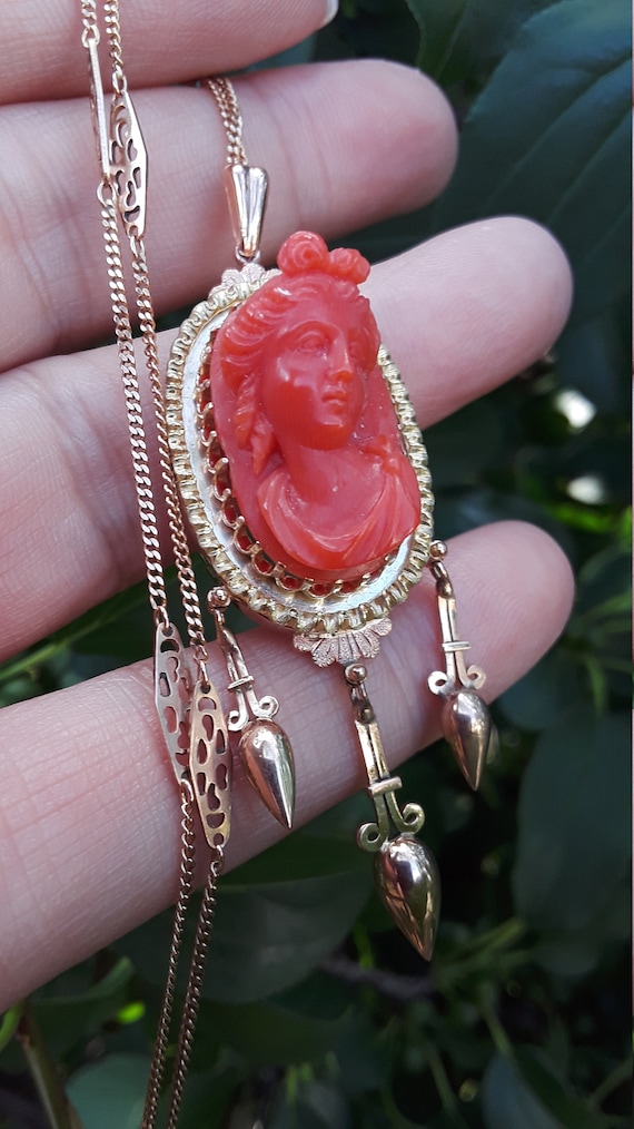 Victorian 14k Gold High Relief Red Cameo Pendant Chai… - Gem