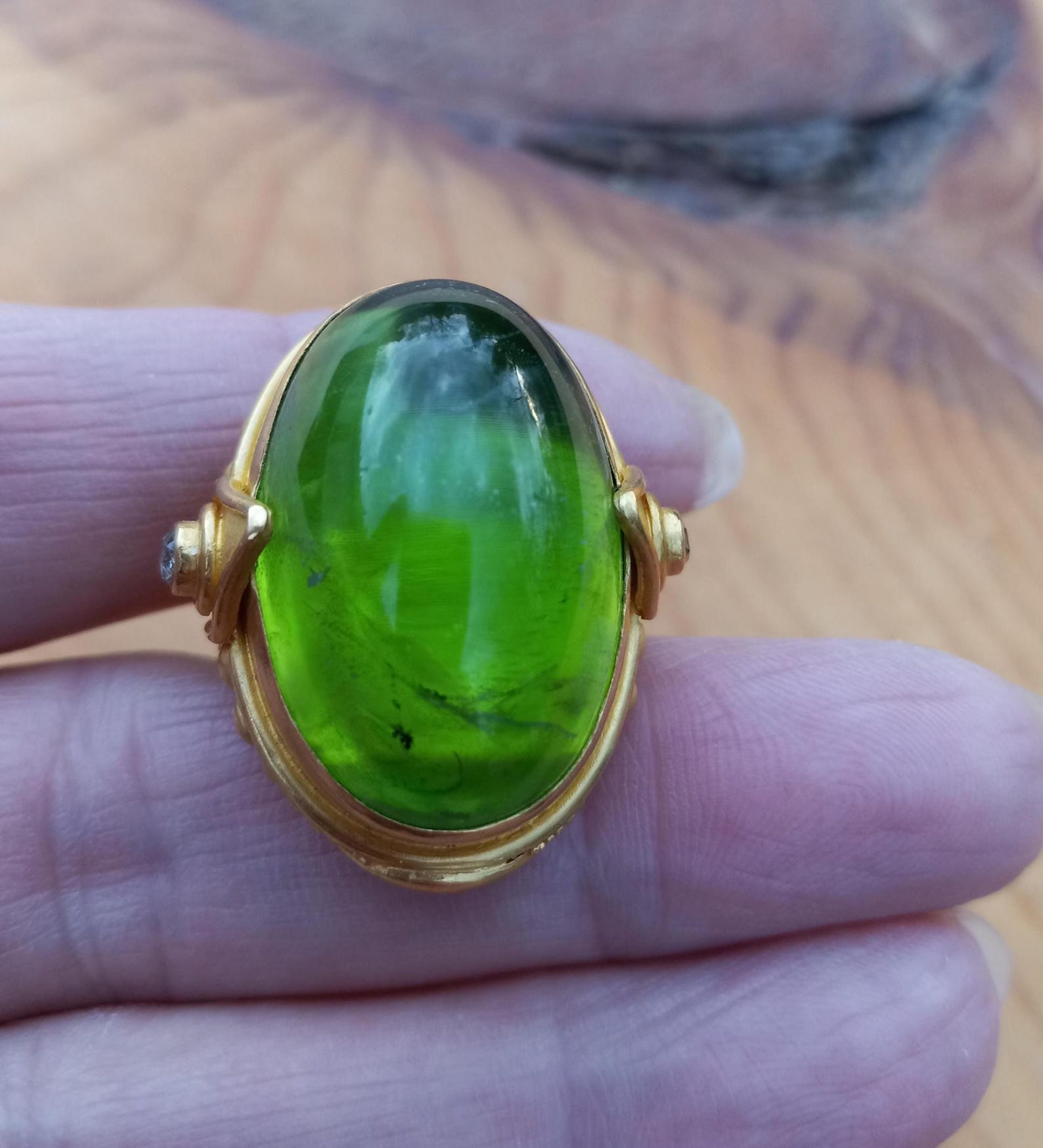 22k Gold 50ct Natural Peridot Cabochon Diamond Wedding Engagement ...