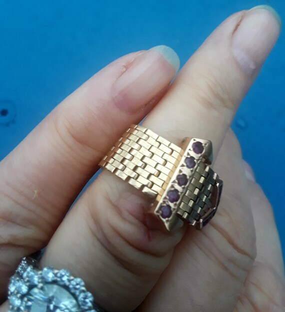 14k Gold Rubies Buckle Retro Mesh Ring Wedding Engage… - Gem