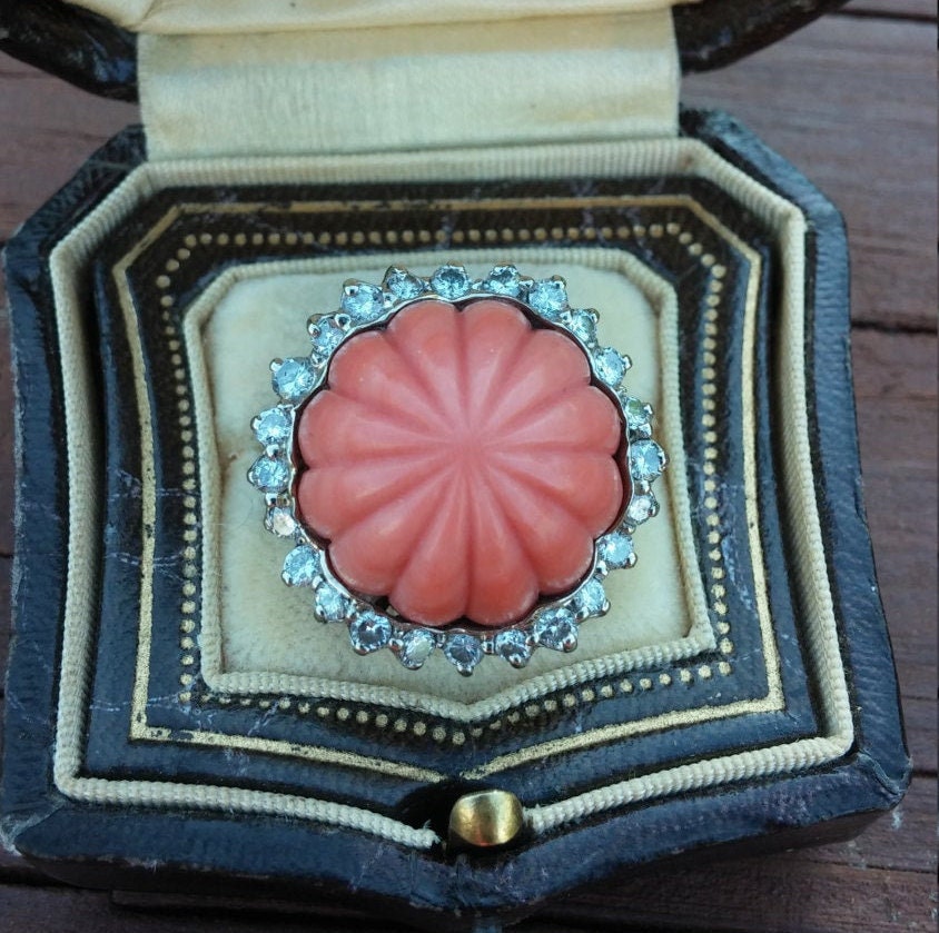 18k Gold Diamond Coral Cocktail Wedding Engagement Ring - Etsy