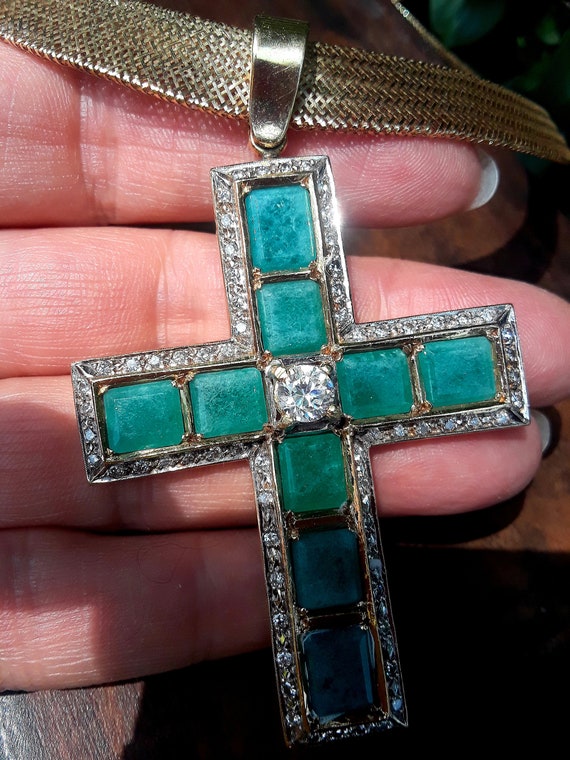 14k Gold Diamond Colombian Emerald Cross Pendant Fabu… - Gem